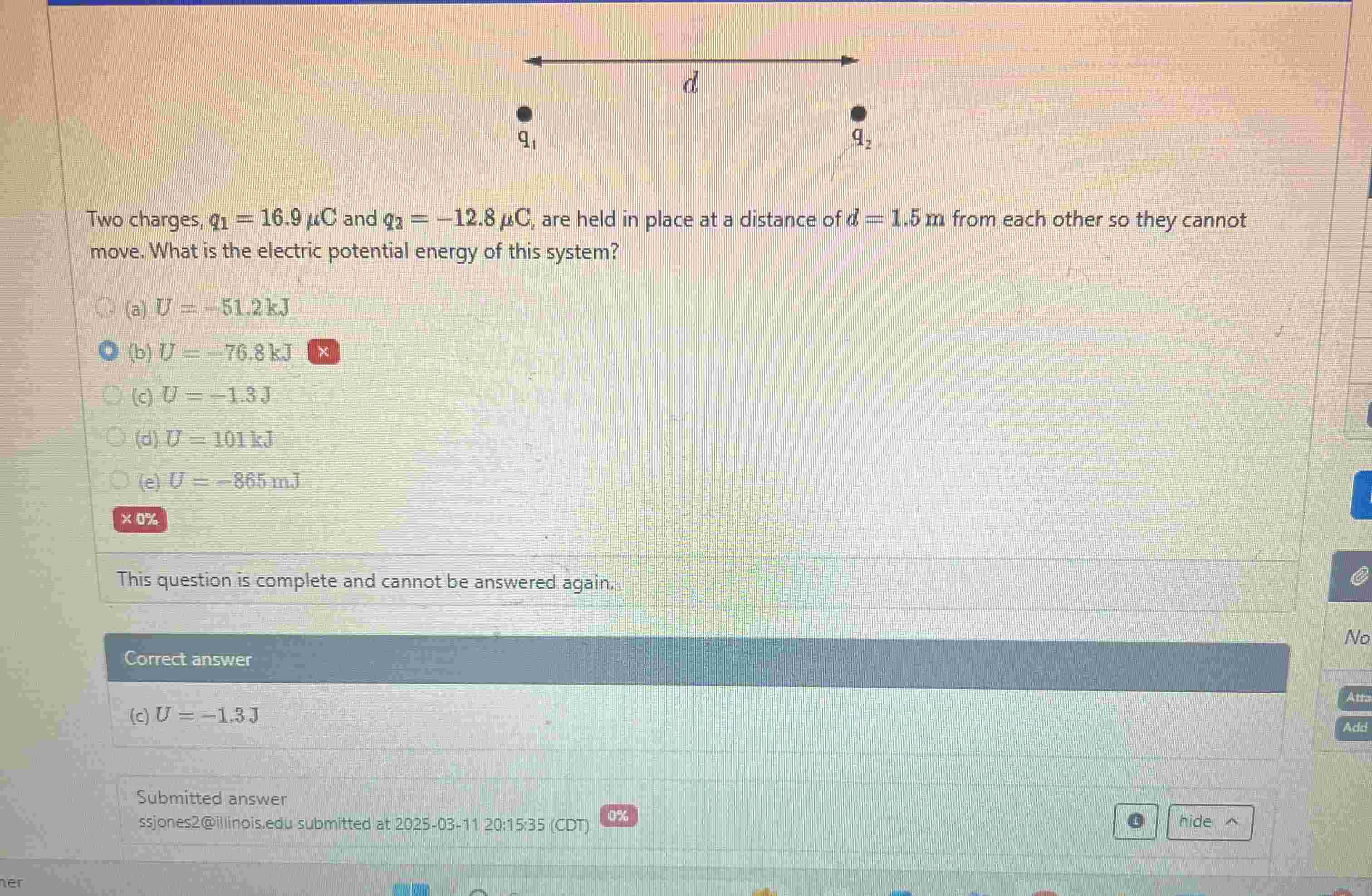 Solved Please explain why the answer is -1.3 J. | Chegg.com