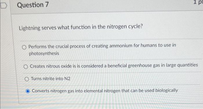 Solved Lightning serves what function in the nitrogen cycle? | Chegg.com