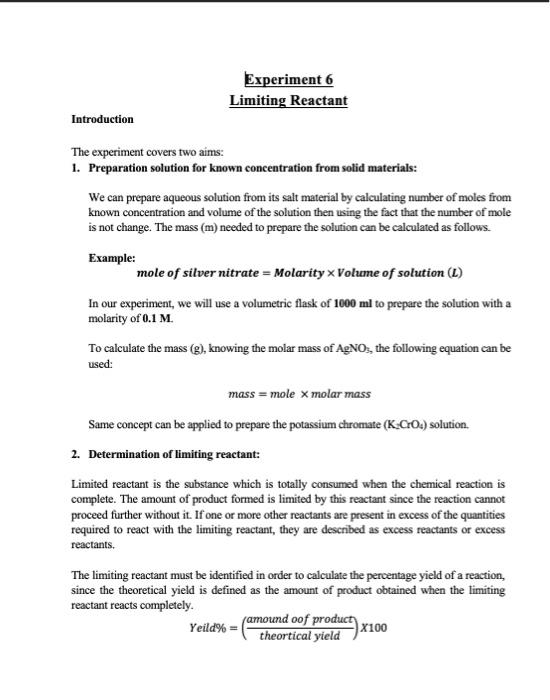 Solved Experiment 6 Limiting Reactant Introduction The | Chegg.com