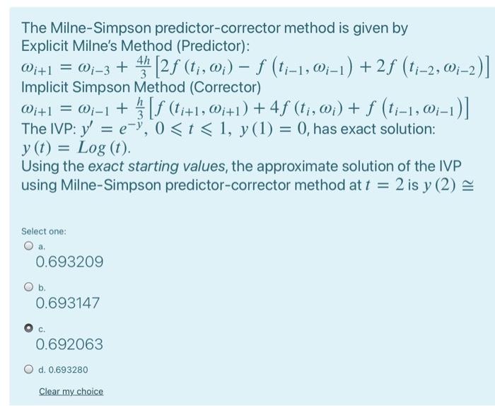Solved The Milne-Simpson predictor-corrector method is given | Chegg.com