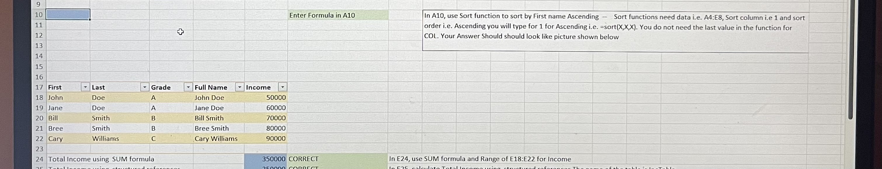 Solved In A10, ﻿use sort function to sort by First name | Chegg.com