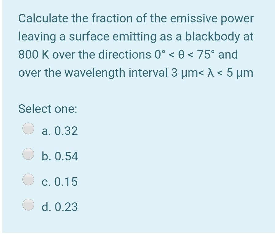 Solved Calculate the fraction of the emissive power leaving | Chegg.com