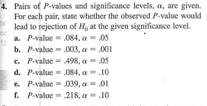 Solved Pairs of P-values and significance levels, α, ﻿are | Chegg.com