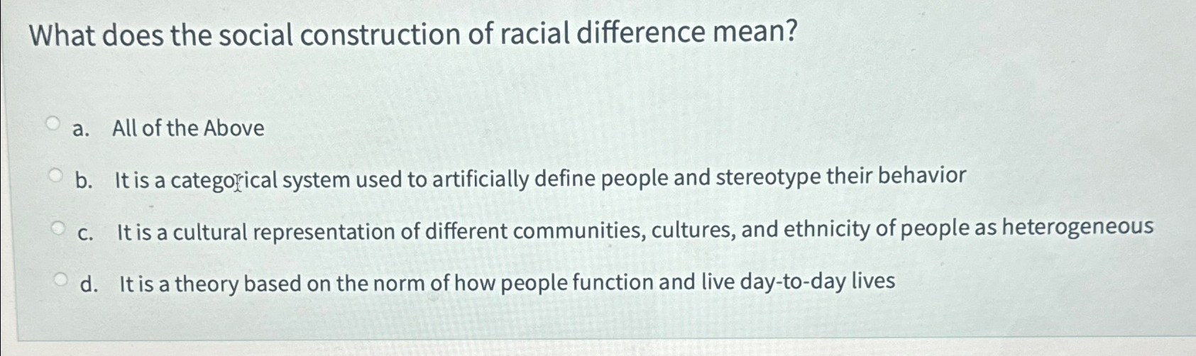 Solved What does the social construction of racial | Chegg.com