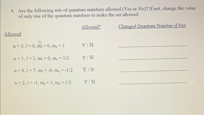 Solved 4. Are the following sets of quantum numbers allowed | Chegg.com