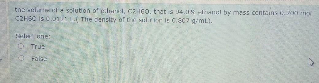 Solved the volume of a solution of ethanol, C2H60, that is | Chegg.com