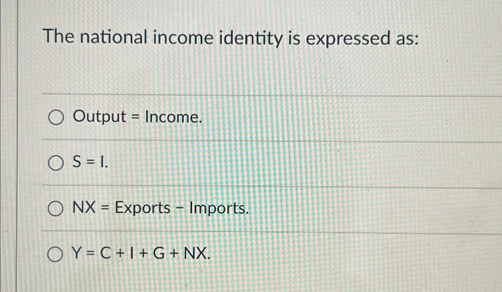Solved The national income identity is expressed as:Output = | Chegg.com
