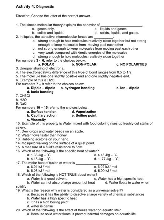 Solved Activity 4 Diagnostic Direction Choose The Letter
