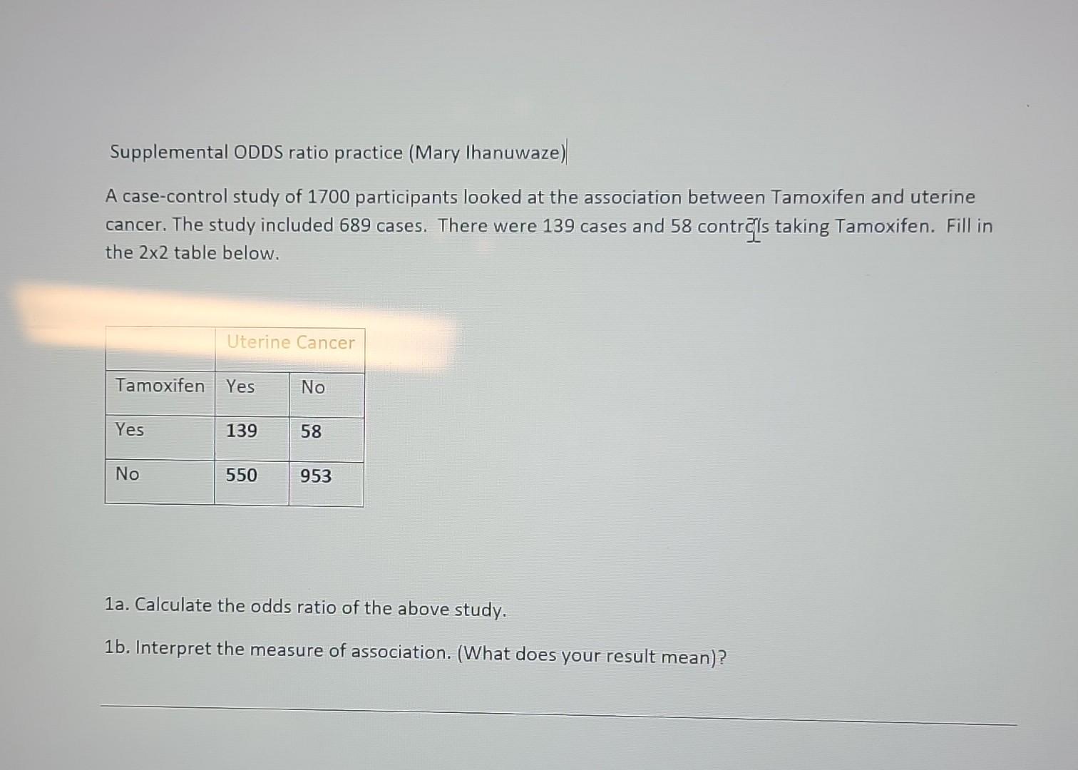 Solved Supplemental ODDS ratio practice (Mary Ihanuwaze) A | Chegg.com