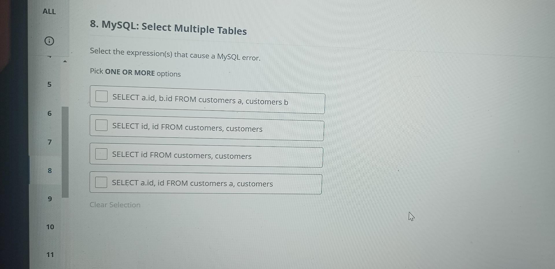 Solved Select the expressions that cause a MySQL error. Pick | Chegg.com