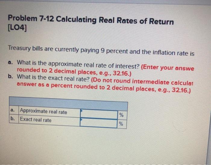 Solved Problem 7-12 Calculating Real Rates of Return [LO4] | Chegg.com