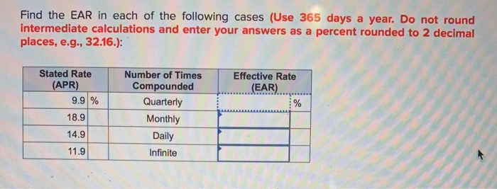 Solved Find the EAR in each of the following cases (Use 365 | Chegg.com