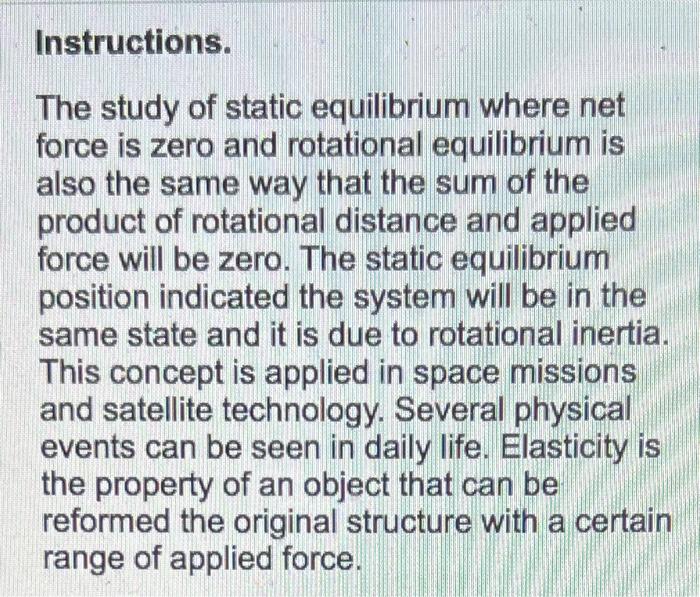 Solved Instructions. The study of static equilibrium where | Chegg.com