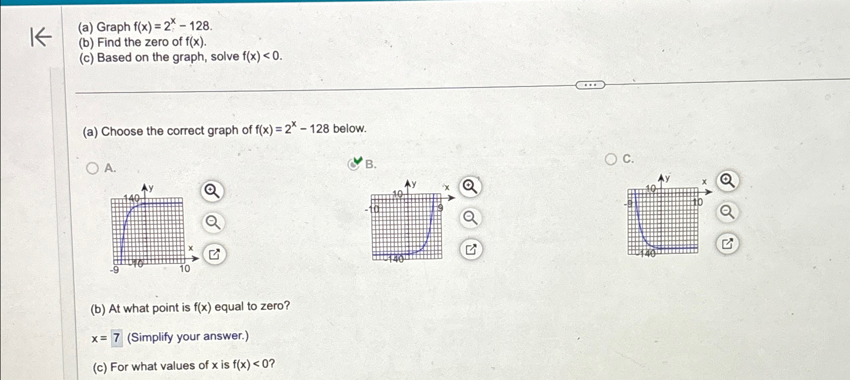 Solved (a) ﻿Graph f(x)=2x-128.(b) ﻿Find the zero of f(x).(c) | Chegg.com