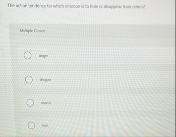 Solved The action tendency for which emotion is to hide or | Chegg.com