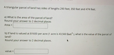 Solved A triangular parcel of land has sides of lengths 290 | Chegg.com