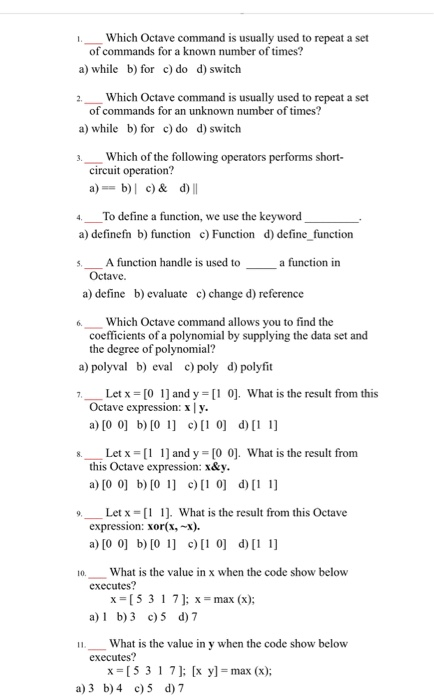 Solved _Which Octave command is usually used to repeat a set | Chegg.com
