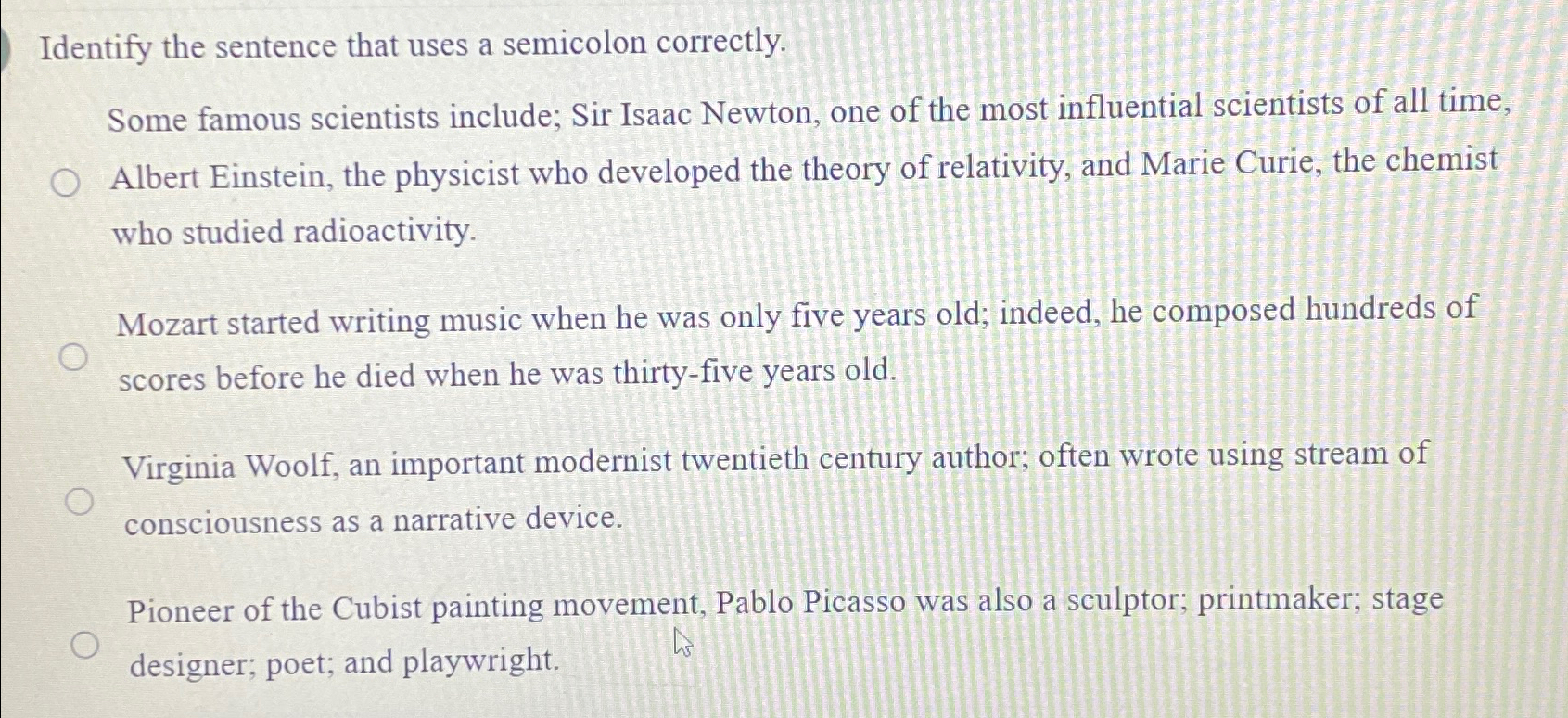 Solved Identify the sentence that uses a semicolon | Chegg.com