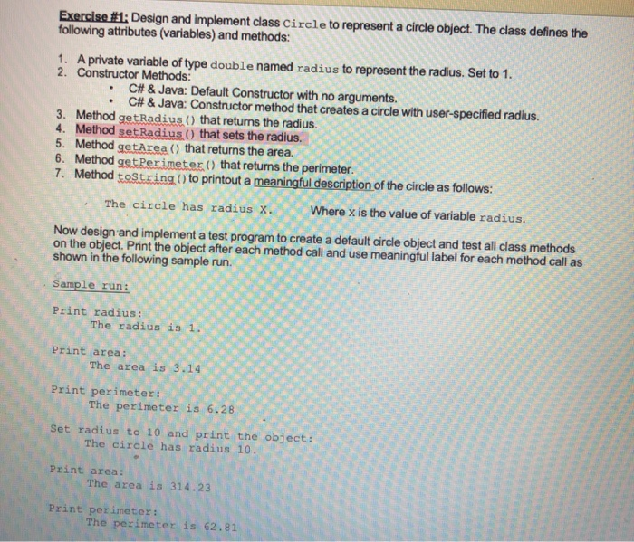 Solved Exercise #1: Design and implement class Circle to | Chegg.com Solved Exercise #1: Design and implement class Circle to | Chegg.com