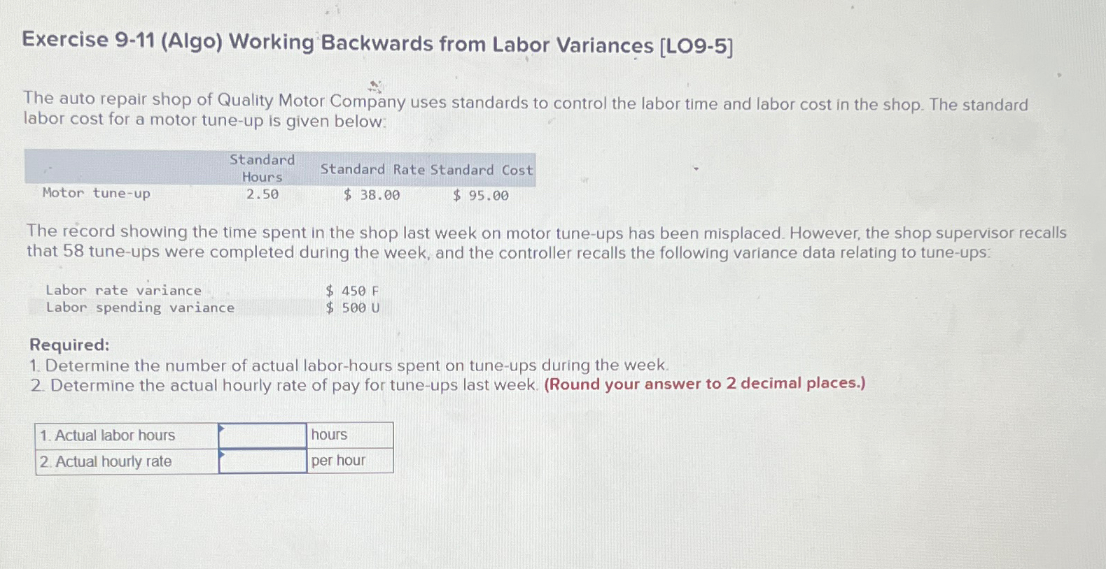 Exercise 9-11 (Algo) ﻿Working Backwards from Labor | Chegg.com