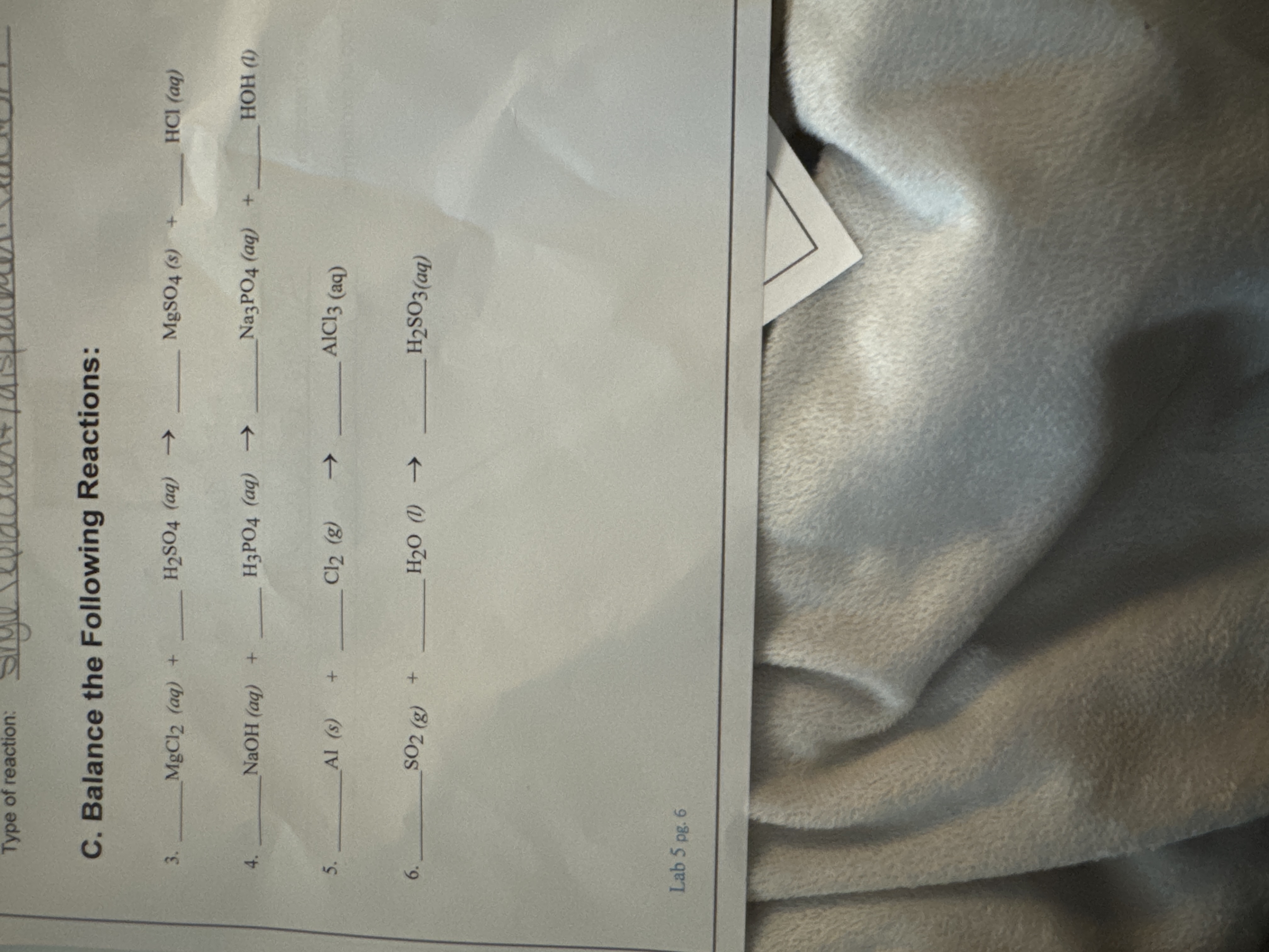 Solved Type of reaction:C. ﻿Balance the Following Reactions: | Chegg.com