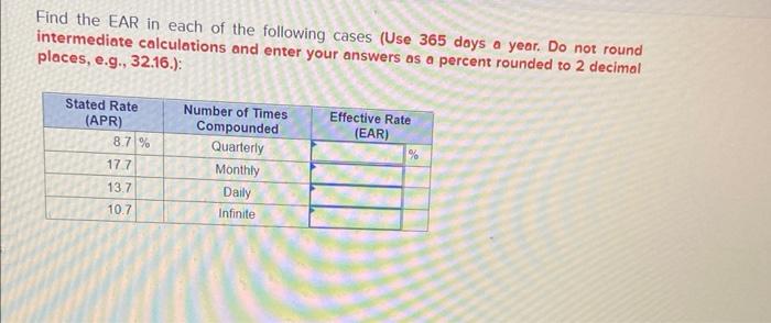 Solved Find the EAR in each of the following cases (Use 365 | Chegg.com