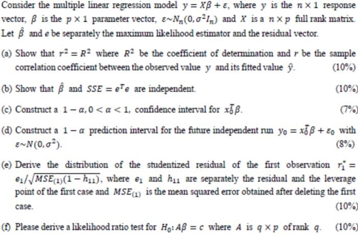 Solved Consider the multiple linear regression model y=Xβ+ε, | Chegg.com