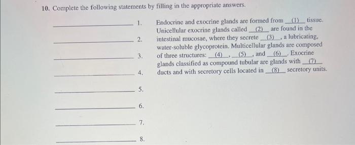 Solved 10. Complete the following statements by filling in | Chegg.com