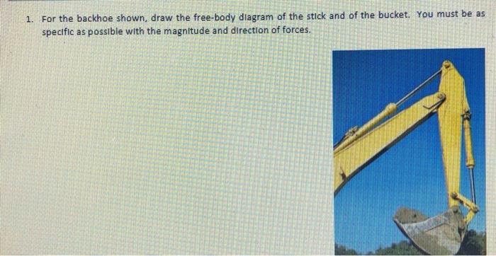[Solved]: 1. For the backhoe shown, draw the free-body diag