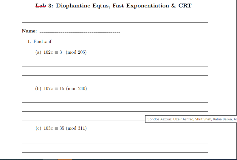 Solved Lab 3: Diophantine Eqtns, Fast Exponentiation & | Chegg.com
