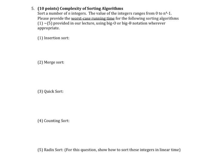 Solved 5 10 Points Complexity Of Sorting Algorithms Sort 0655