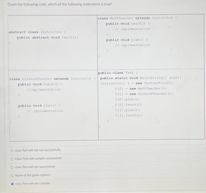 Solved Given the following code, which of the following | Chegg.com