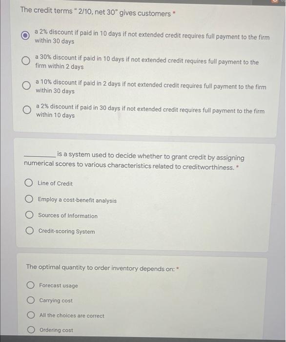 Solved The credit terms" 2/10, net 30° gives customers a 2% | Chegg.com