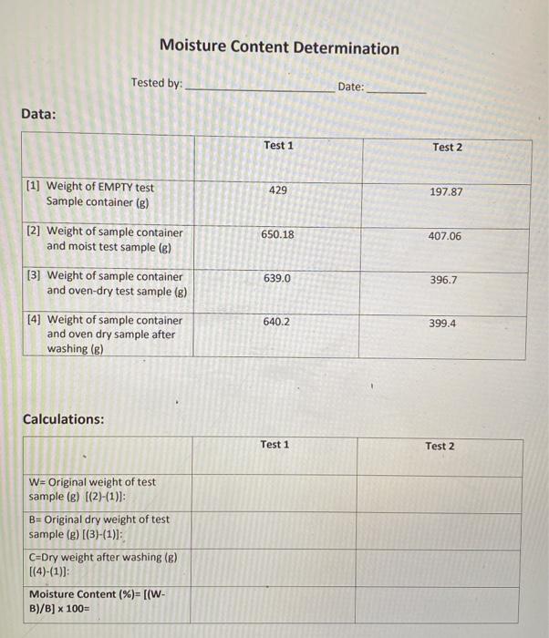 Solved Moisture Content Determination Tested by: Date: Data: | Chegg.com