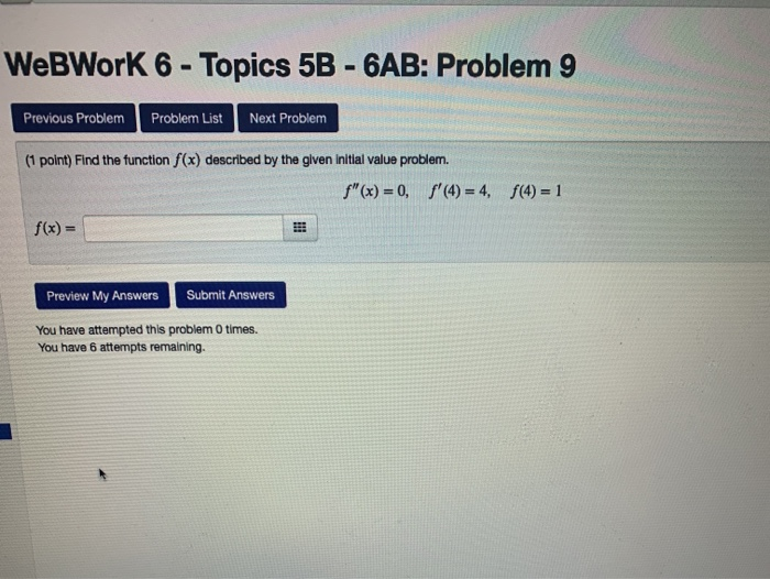 Solved WeBWork 6 - Topics 5B - 6AB: Problem 9 Previous | Chegg.com