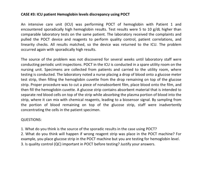 Solved CASE #3: ICU patient Hemoglobin levels discrepancy | Chegg.com