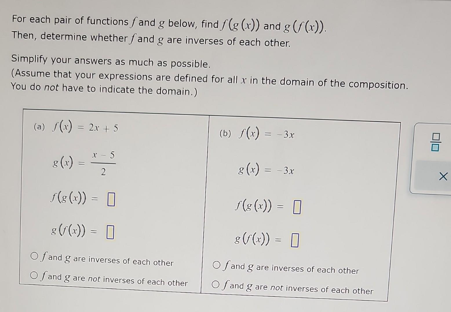 Solved For each pair of functions f and g below, find | Chegg.com