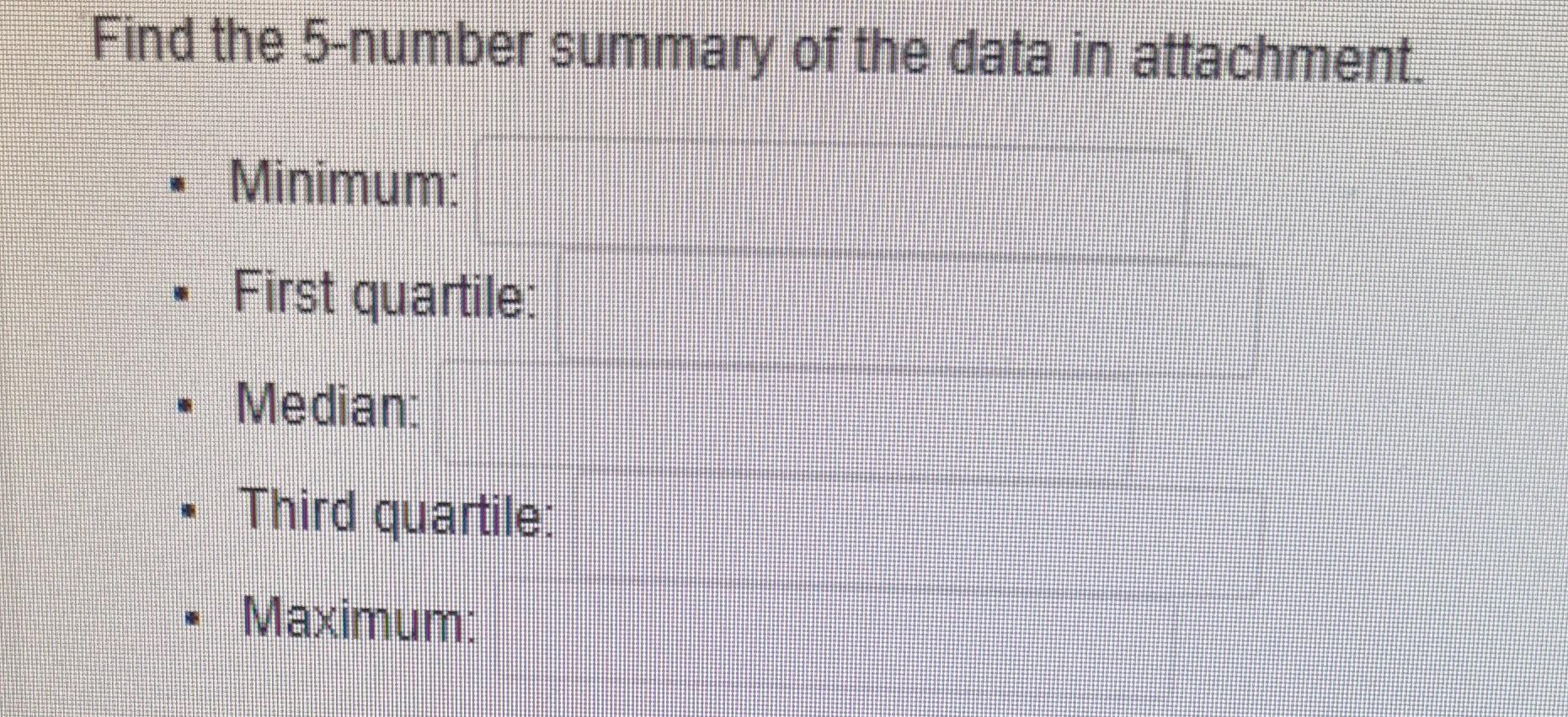 Solved Find The 5 number Summary Of The Data In Attachment Chegg solved-find-the-5-number-summary-of-the-data-in-attachment-chegg