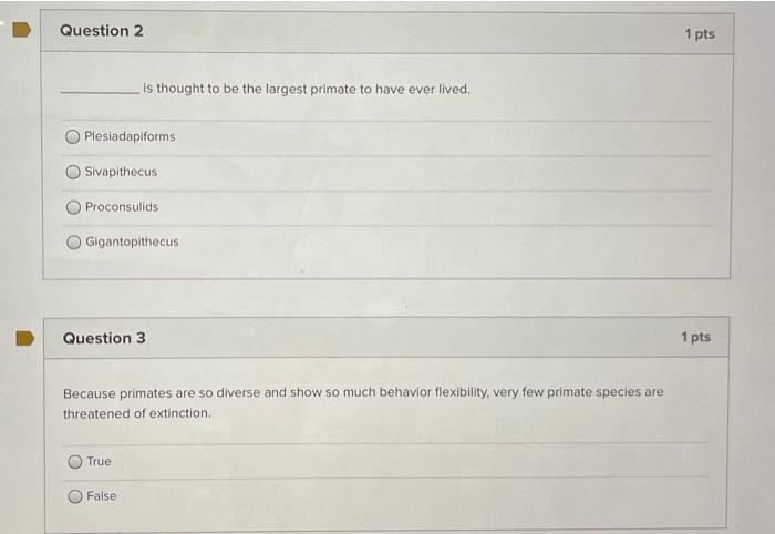 Solved Question 2 1 pts is thought to be the largest primate | Chegg.com