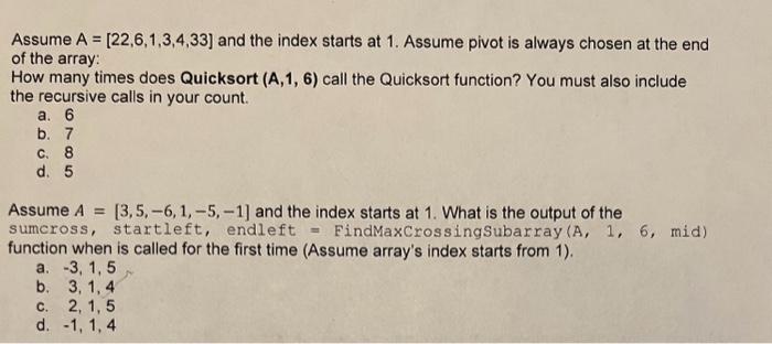 Solved Assume A=[22,6,1,3,4,33] and the index starts at 1. | Chegg.com