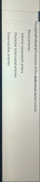 Solved The paired visceral branches of the abdominal aorta | Chegg.com