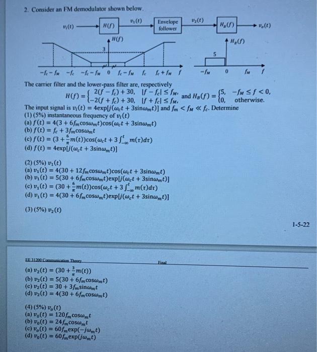 Solved 2. Consider an FM demodulator shown below. The | Chegg.com