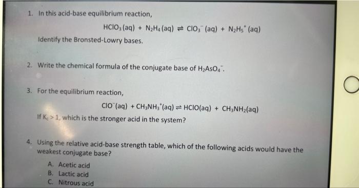 Solved 1. In this acid-base equilibrium reaction, | Chegg.com