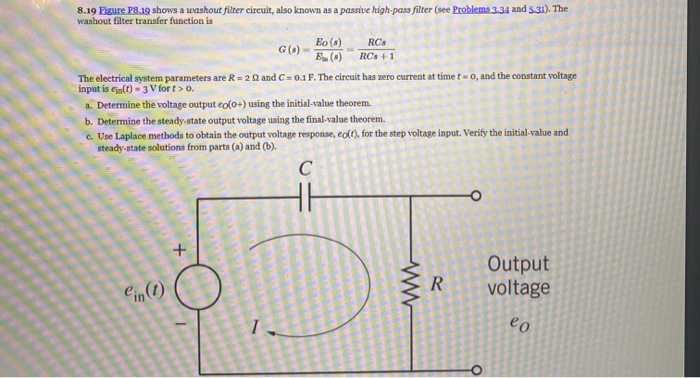 Solved 8.19 Figure P8.19 shows a washout filter circuit, | Chegg.com