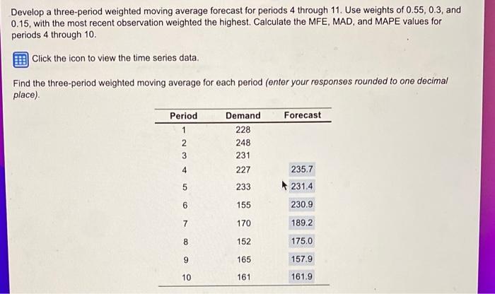 Solved Develop a three-period weighted moving average | Chegg.com