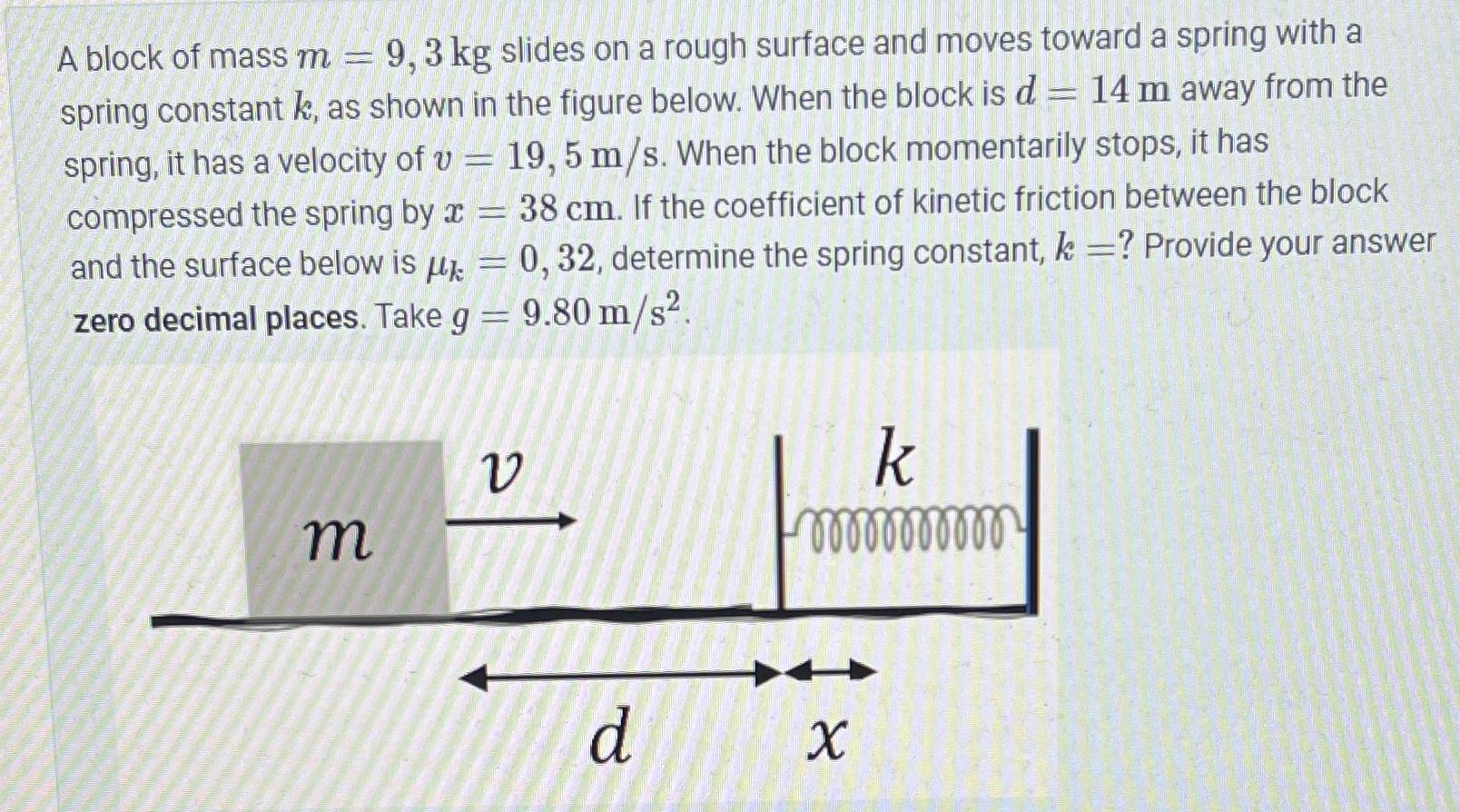 Solved A block of mass m=9,3kg ﻿slides on a rough surface | Chegg.com