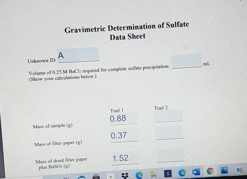 Solved Gravimetric Determination of Sulfate Data Sheet A | Chegg.com