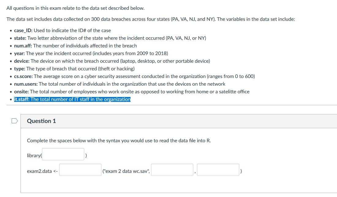 Solved All questions in this exam relate to the data set | Chegg.com