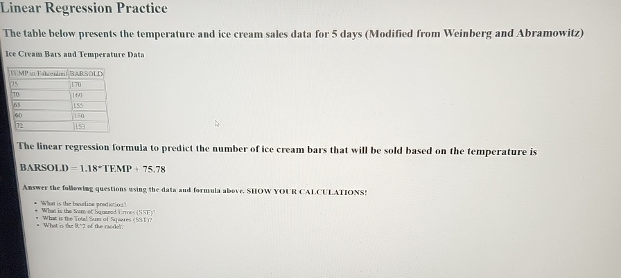 Solved Linear Regression PracticeThe table below presents | Chegg.com