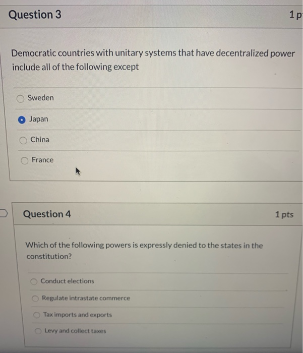 Question 3 Democratic countries with unitary systems | Chegg.com